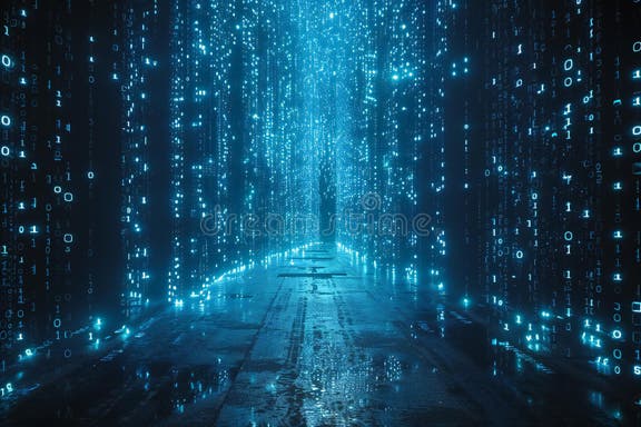 A Dark Room with a Matrix Code Glowing Blue on a Black Background. the ...