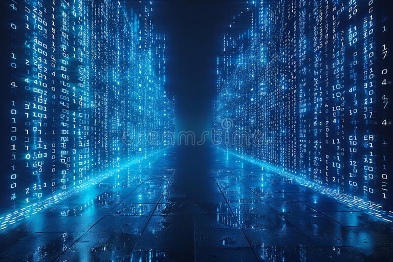 A Dark Room with a Matrix Code Glowing Blue on a Black Background. the ...