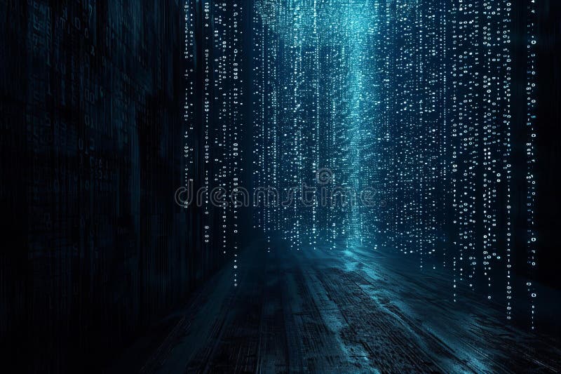 A Dark Room with a Matrix Code Glowing Blue on a Black Background. the ...