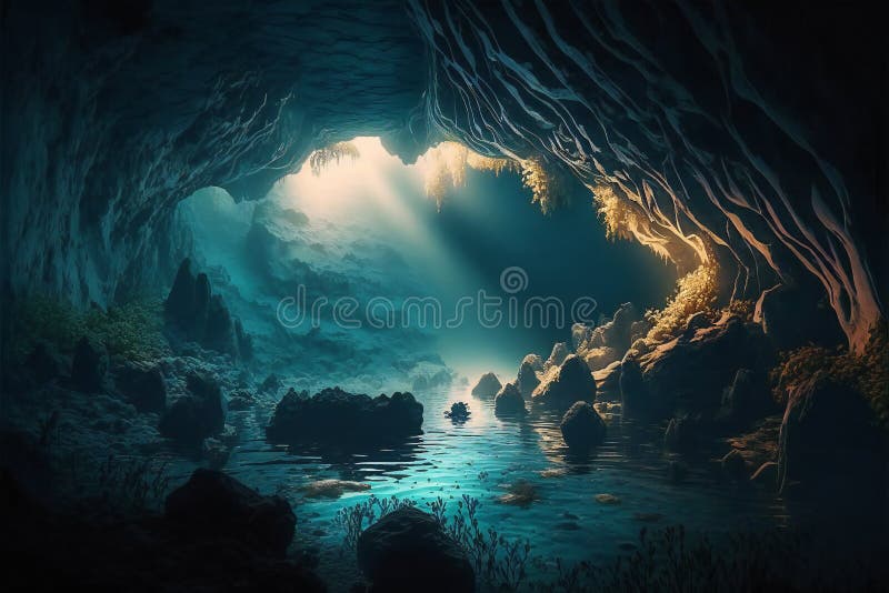 Dark Underwater Cave with Sunlight Beams. Deep Sea Cavern Nature ...