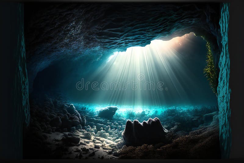 Dark Underwater Cave with Sunlight Beams Deep Sea, Creative Digital ...