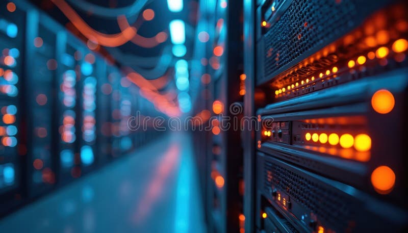 Illustration of Data Center with Server Racks Connected by Fiber Optic Cables. Concept of Cloud ...