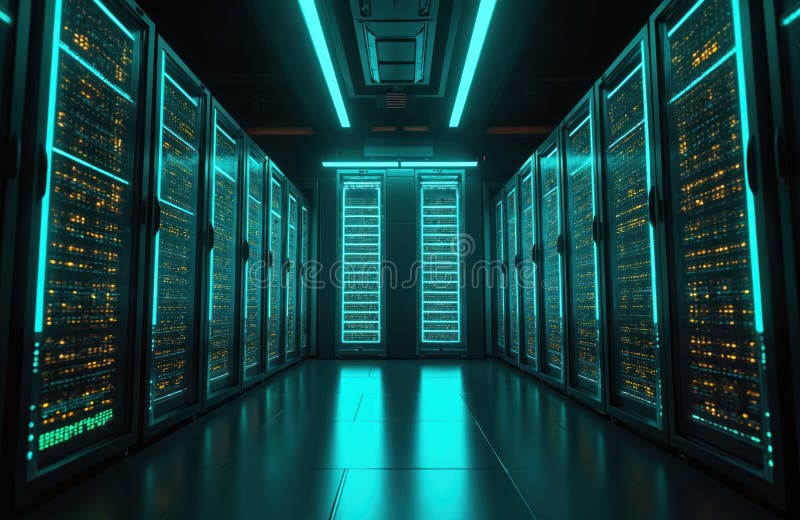Illustration of Data Storage Systems in Server Room with Bright Lights ...