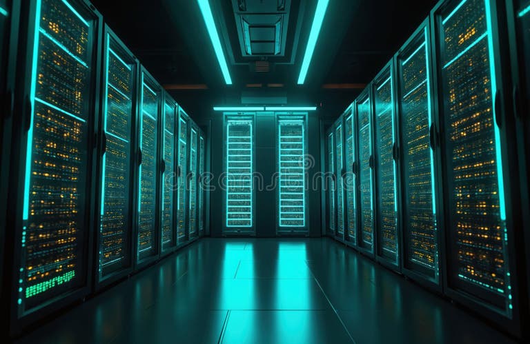 Illustration of Data Storage Systems in Server Room with Bright Lights ...