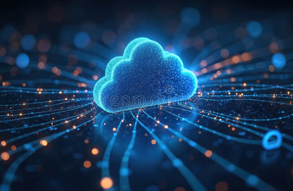 Illustration of Data Transfer Cloud Computing Tech Concept. Prominent Blue Cloud Icon in Center ...