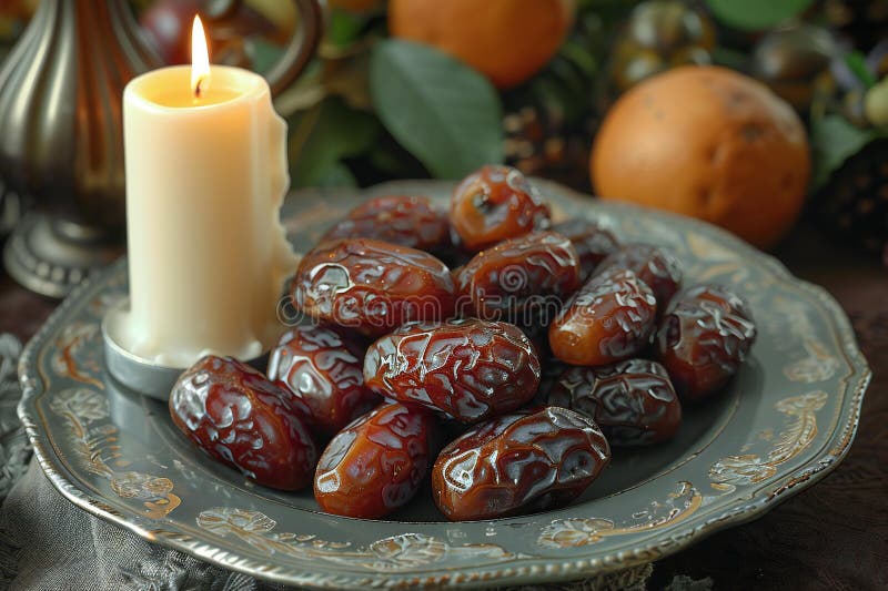 Illustration of Dates on a Platter with a Candle is Next To it, High ...