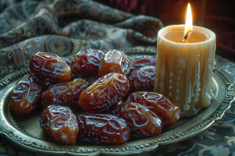 Illustration of Dates on a Platter with a Candle is Next To it, High ...