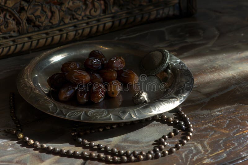 Dates and Rosary on a Plate on a Wooden Table Stock Illustration ...