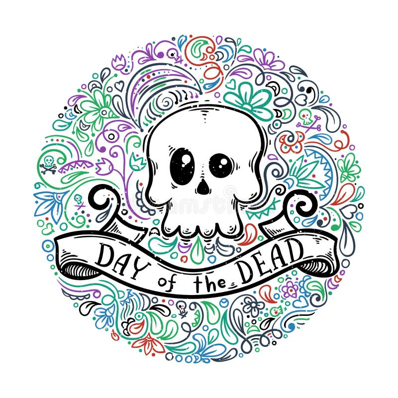 Illustration with the Day of the Dead Lettering and Skull on Pattern ...