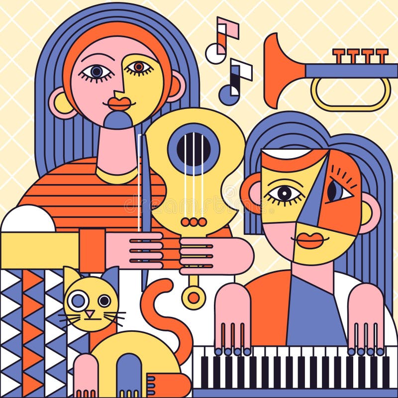 Illustration De Deux Femmes Jouant Du Piano De Guitare Et Mangeant De