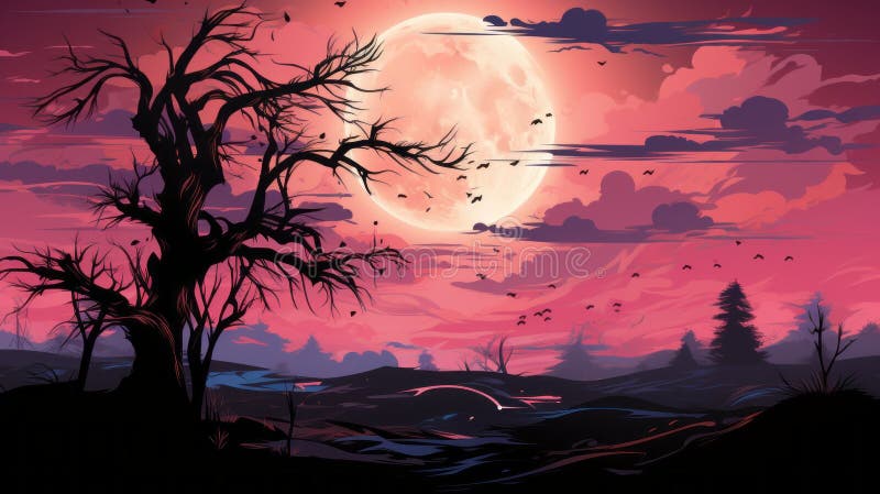 An Illustration of a Dead Tree and a Full Moon in the Sky Stock ...