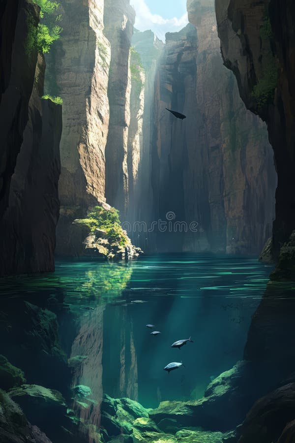 Illustration of a Deep, Crystal Clear Lake Surrounded by Towering ...