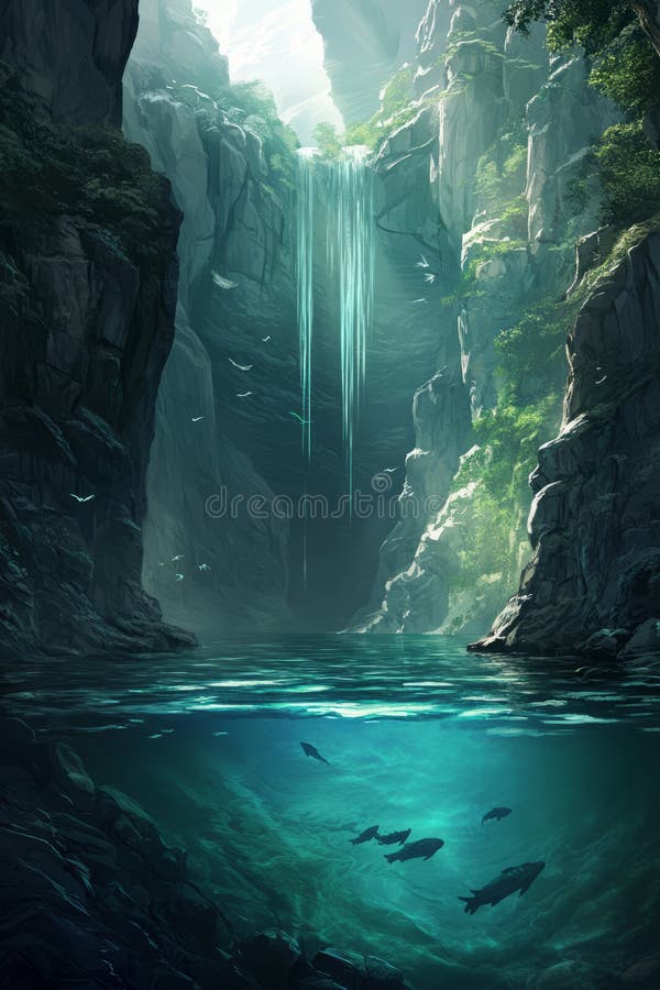 Illustration of a Deep, Crystal Clear Lake Surrounded by Towering ...