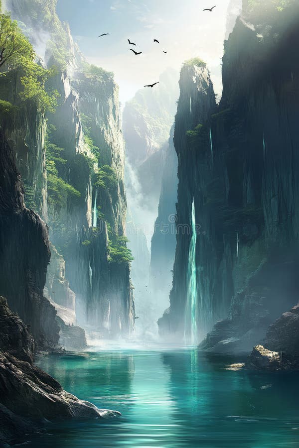 Illustration of a Deep, Crystal Clear Lake Surrounded by Towering ...