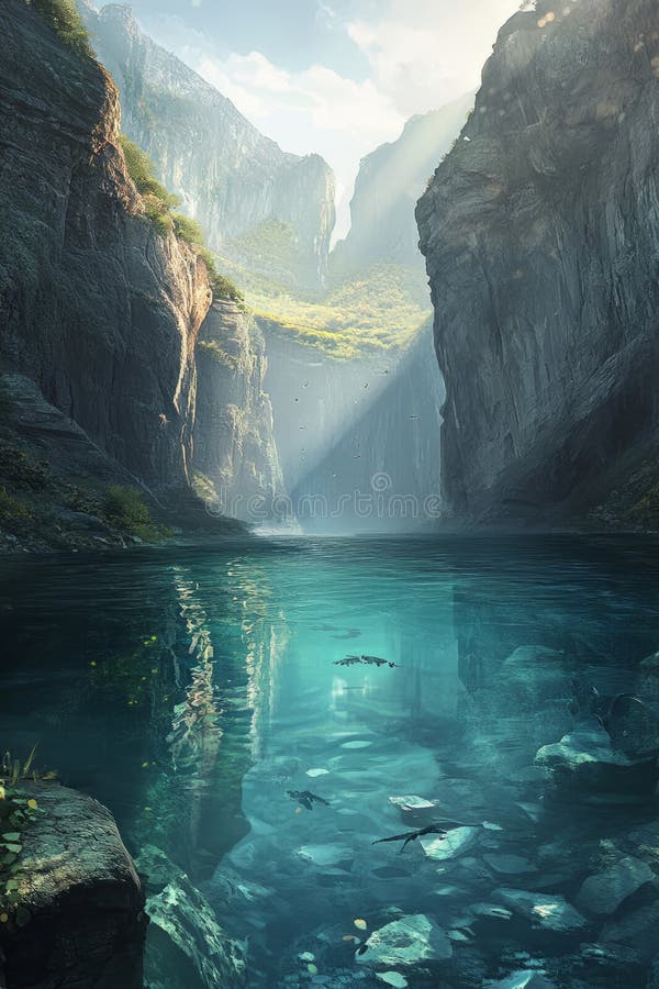 Illustration of a Deep, Crystal Clear Lake Surrounded by Towering ...