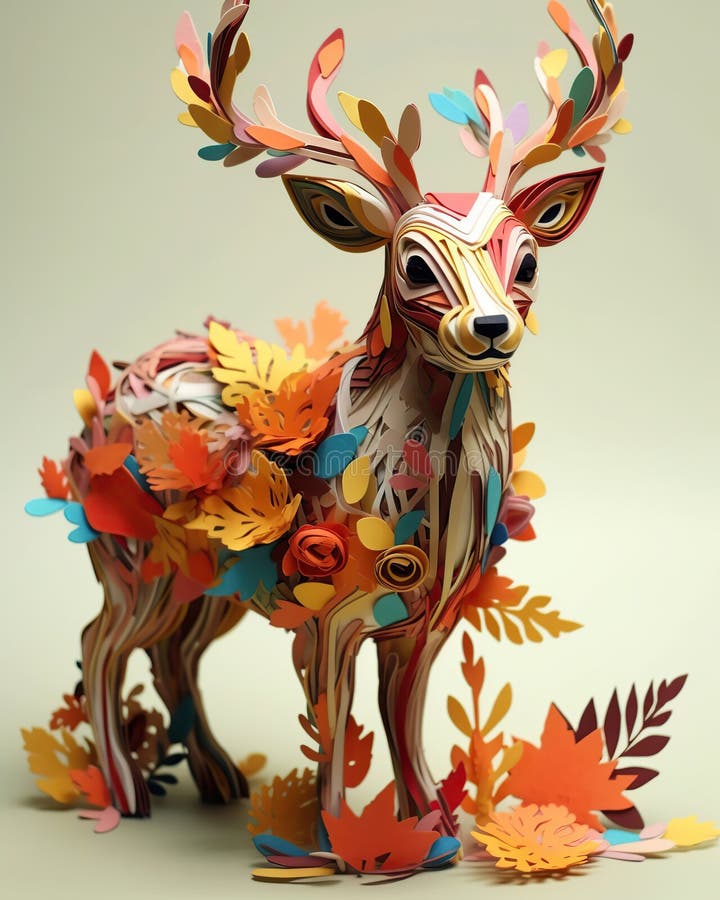 Illustration of a Deer Made from Pieces of Paper with Paper Leafs Stock ...