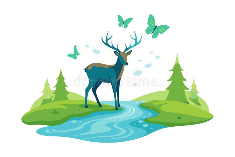 Illustration of a Deer Standing by a Stream with Butterflies in a ...