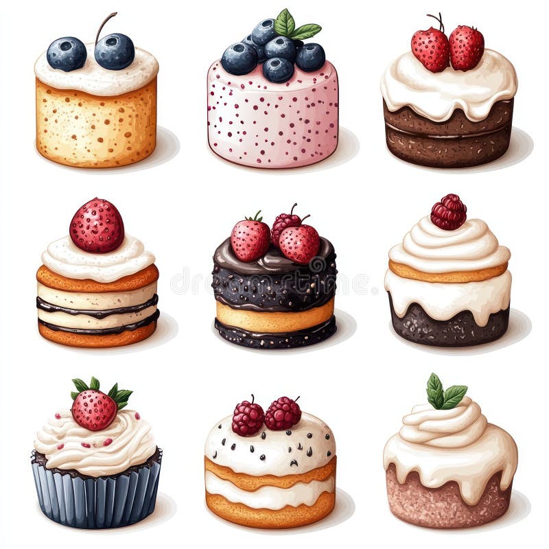 Illustration of 9 Delicious Cakes with Various Toppings Stock ...
