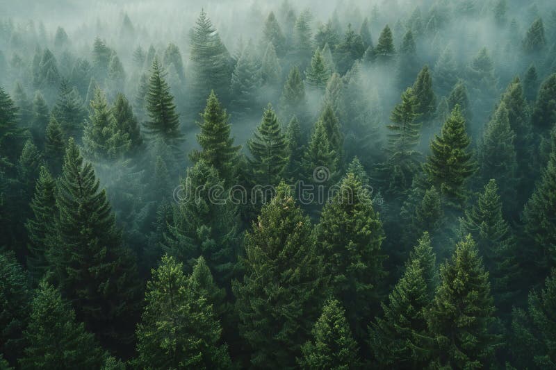 A Dense Forest of Pine Trees is Seen from Above. the Scene is Captured ...
