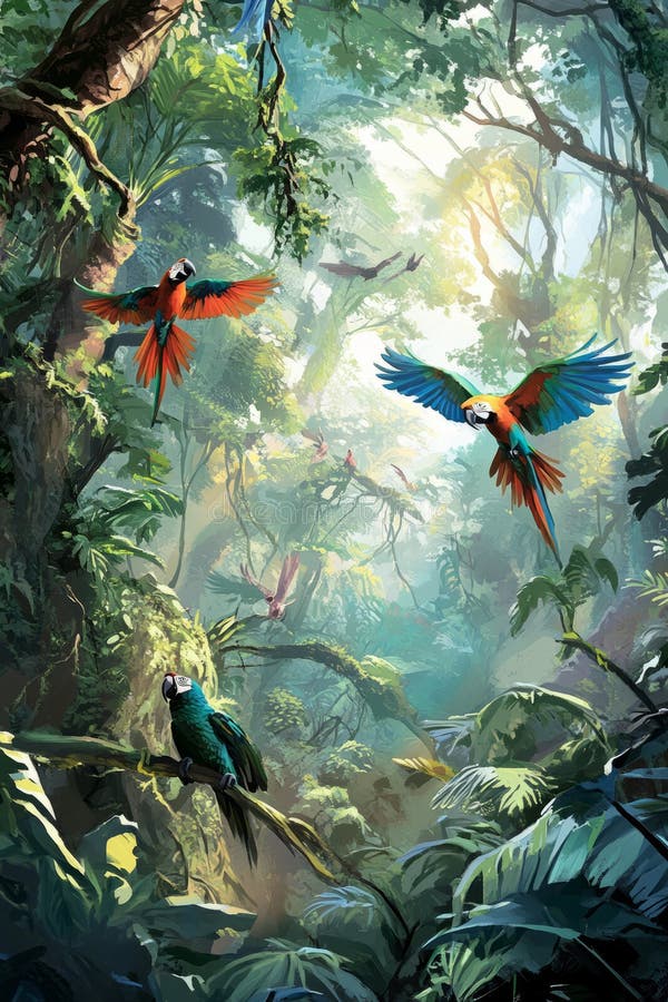 Illustration of a Dense, Tropical Jungle with Towering Trees and ...