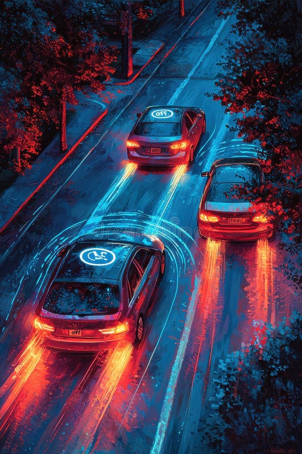 Futuristic Autonomous Cars Driving on Icy Winter Road with Digital ...