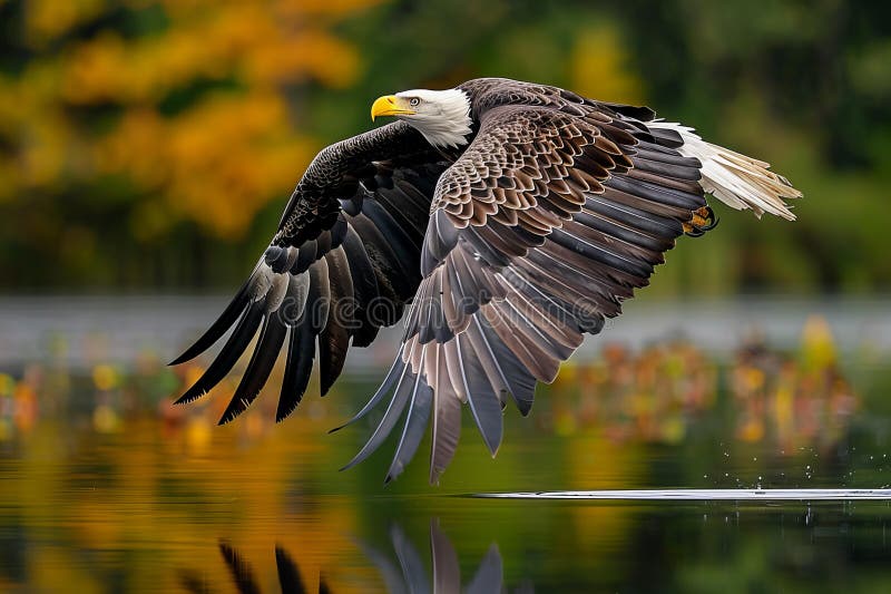 Depicting a Bald Eagle Flies Over Water with Reflection, High Quality ...