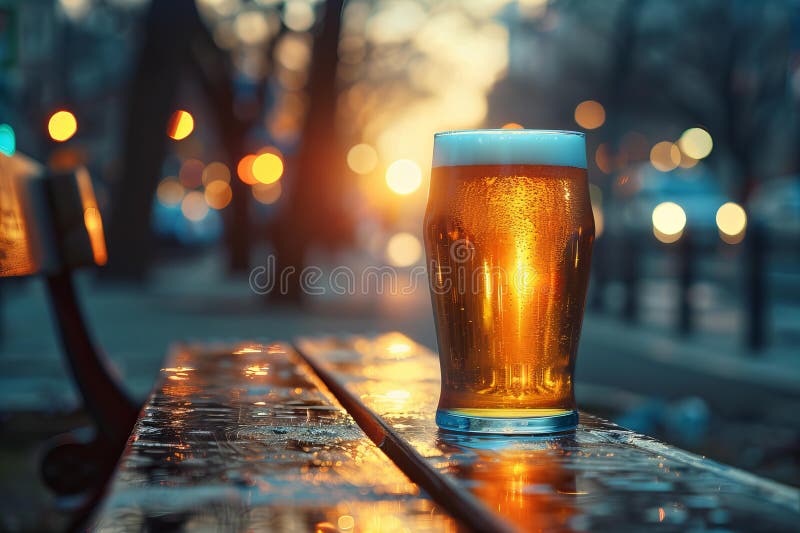Depicting a the Beer is Sitting on Top of the Bench, High Quality, High ...