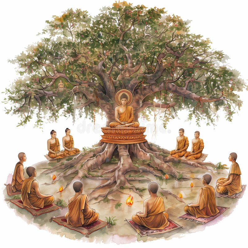 Buddha Teaching Disciples Under a Bodhi Tree Stock Illustration ...