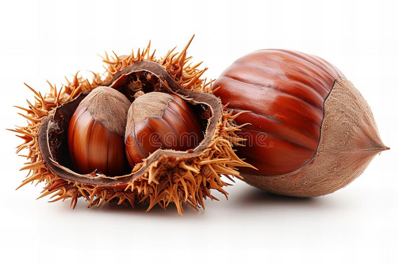 Depicting a Chestnut with Its Shell Open and Two Chestnuts on a White ...