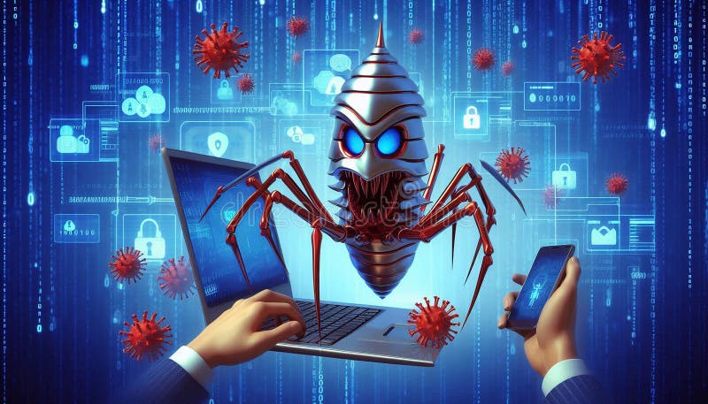 Cyber Security Threat Concept with Virus and Malware Stock Illustration ...