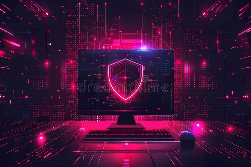 Cybersecurity Technology Illustration with Computer and Shield Symbol ...