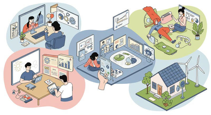 Illustration Depicting Different Scenarios Involving Technology and ...