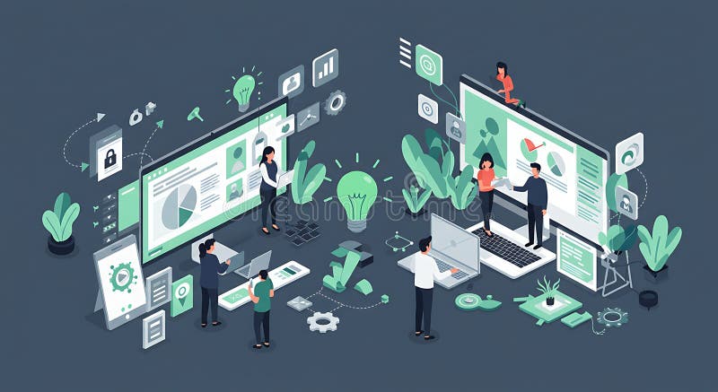 Illustration Depicting a Digital Workplace with Diverse Individuals Interacting with Stock ...