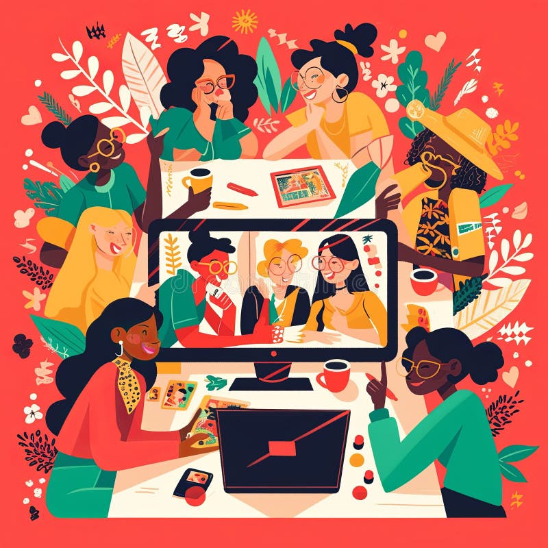 Diverse Group Collaborating Creatively Around a Table with Virtual Connection Stock Illustration ...