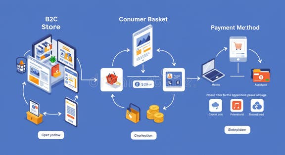 Illustration Depicting an E-commerce Process. on the Left, a B2C Store ...
