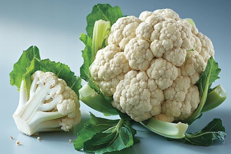 Depicting a Fresh Cauliflower and Some Leaves are Displayed on a White ...