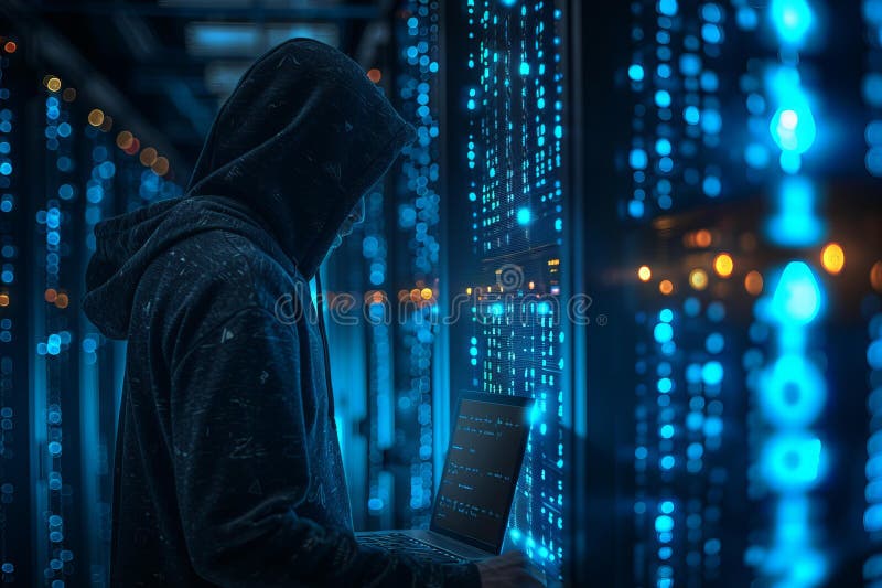 Depicting a Hacker in a Dark Hoodie with a Laptop Standing Near a ...