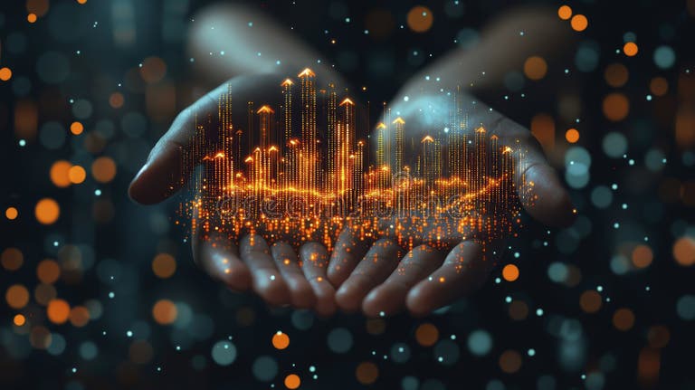 Glowing Growth Data in Open Hands with Bokeh Effect Stock Illustration ...