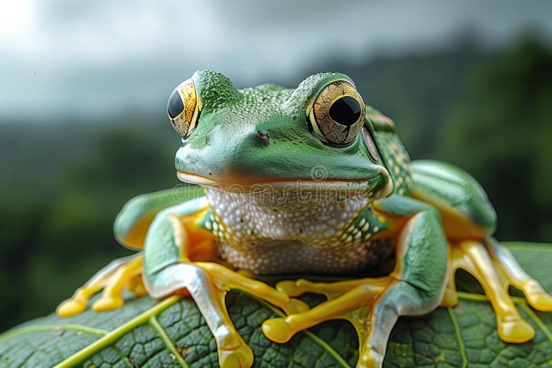 Depicting a Large Green Frog on Top of a Leaf, High Quality, High ...