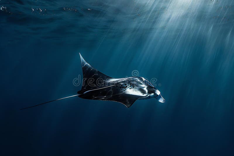 Depicting a Manta Ray Gliding through the Deep Blue Ocean, Sunlight ...