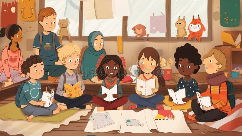Illustration Depicting a Multicultural Group of Smiling Refugee Kids ...