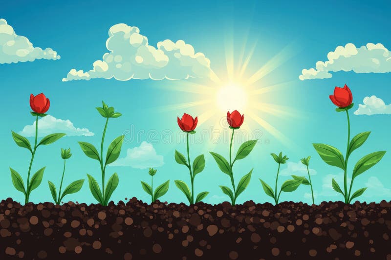 An Illustration Depicting New Growth and Blooming Plants in Spring ...