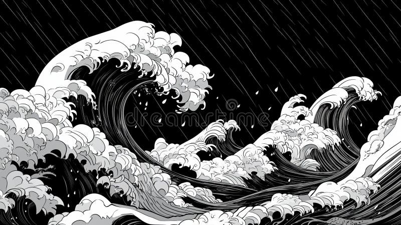 An Illustration Depicting Rain with Waves in the Background in Line Art ...