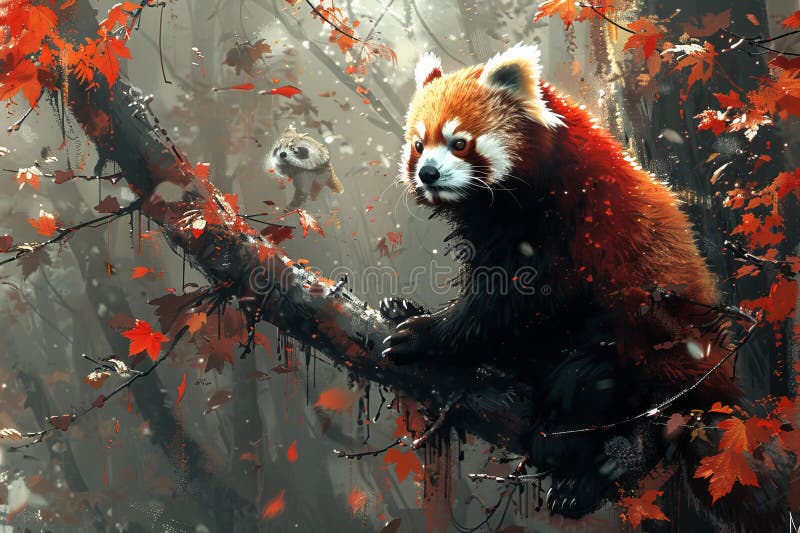 Depicting a Red Panda is Perched on a Branch in a Forest, High Quality ...