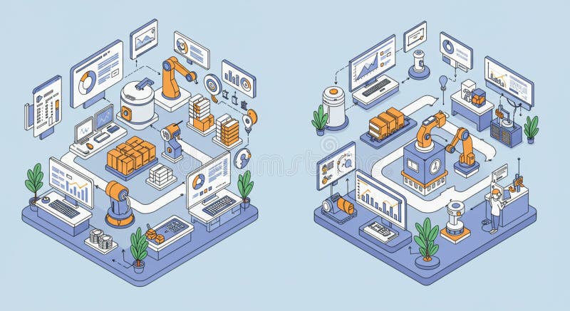 Illustration Depicting a Smart Factory Setup with Robotic Arms ...