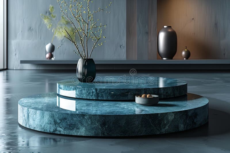Depicting a Two Large Blue Round Tables on Dark Surfaces, High Quality ...