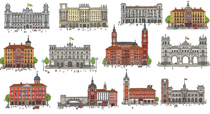 Illustration Depicting Various European-styled Buildings and Landmarks ...