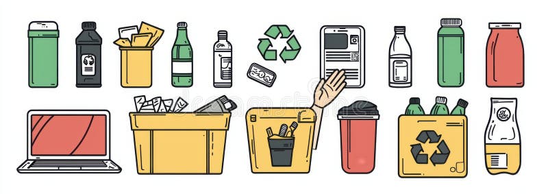 Simple Line Drawing of Waste Types and Recycling Bins Stock Image ...