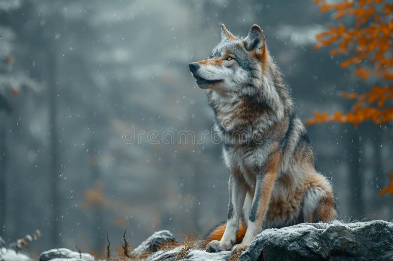 Depicting a Wolf Howling on Top of Rocks in Dramatic Weather during a ...