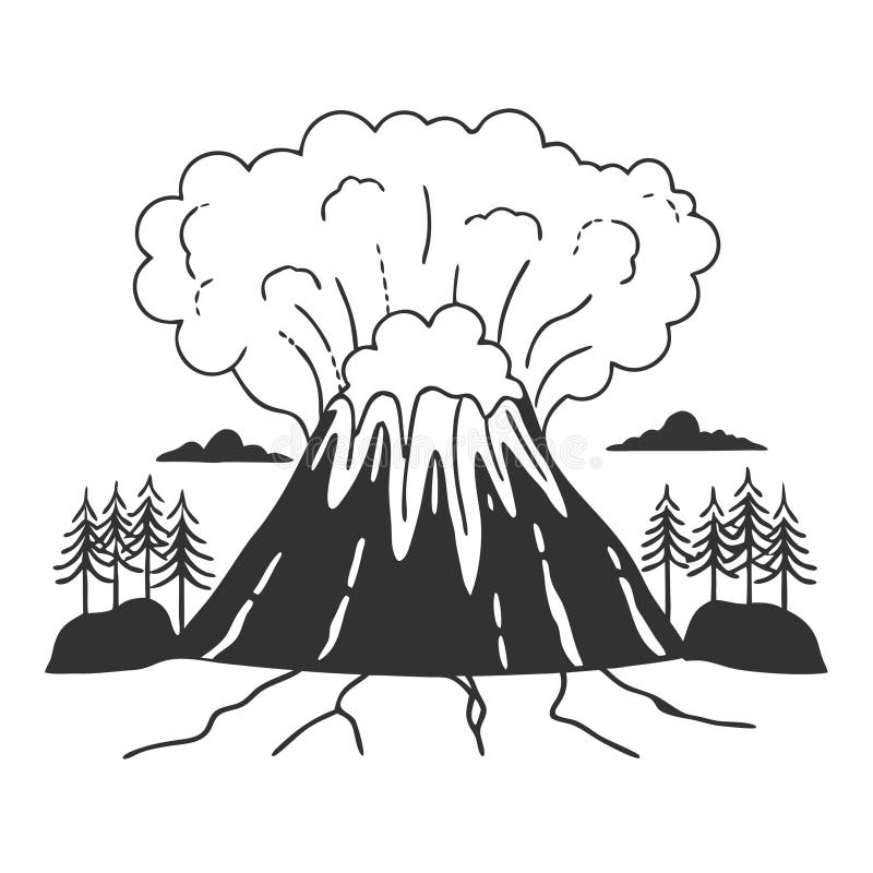 Exploding Volcano Vector Illustration with Smoke and Pine Trees Stock ...